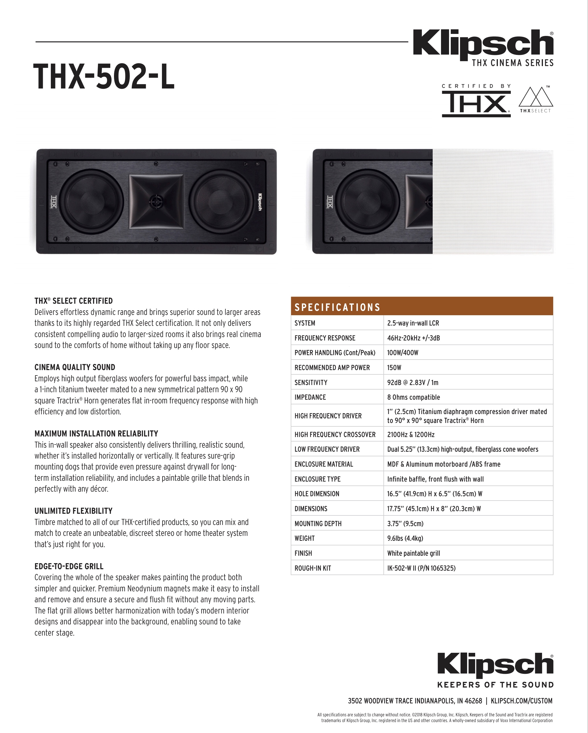 KLIPSCH: THX-502-L (SINGLE) 400 WATTS IN WALL SPEAKER, THX ULTRA2 ...